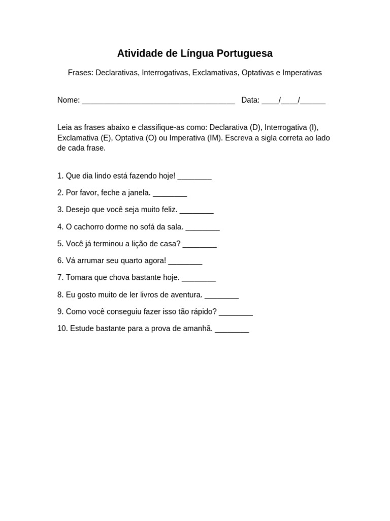 Atividade Frases 6ano | PDF