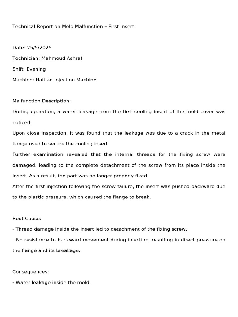 Mold Malfunction Report English | PDF