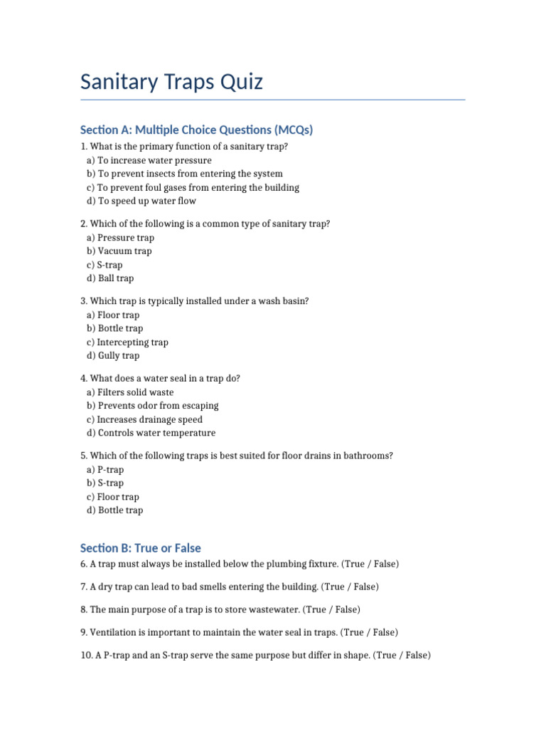 Sanitary Traps Quiz: MCQs & Answers | PDF