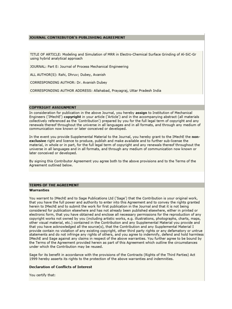 Journal Contributor'S Publishing Agreement | PDF | Indemnity | Mediation
