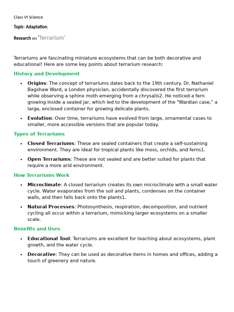 Class VI Science Research On 'Terrarium' | PDF