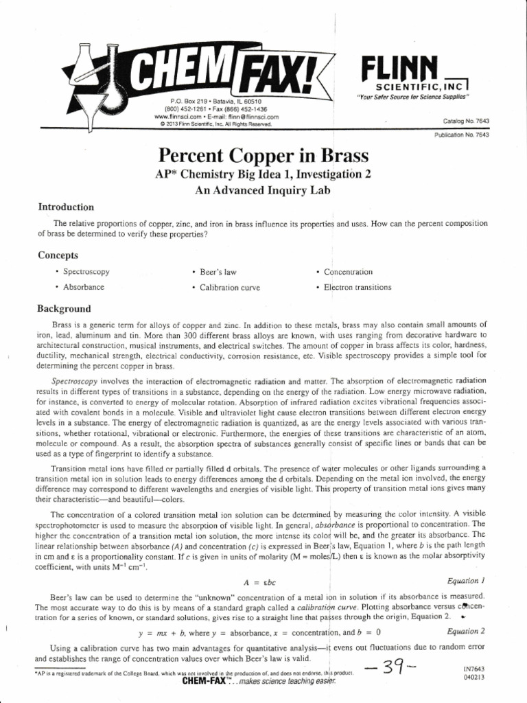 Percent Copper Analysis in Brass Lab | PDF | Absorption Spectroscopy ...