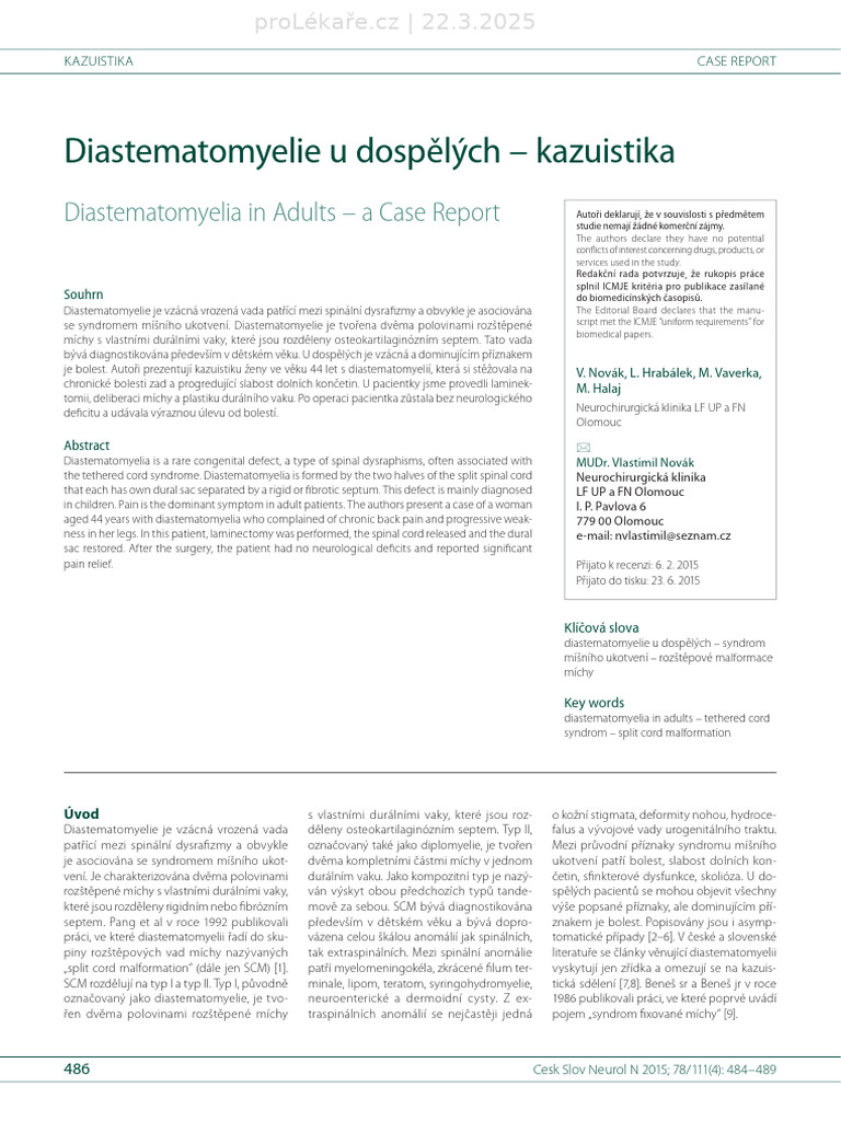 CSNN 2015 4 Diastematomyelie U Dospelych Kazuistika 52782 | PDF