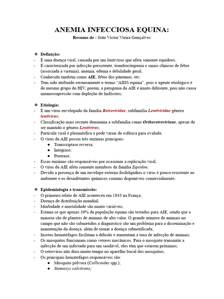 Anemia Infecciosa Equina AIE (Resumo) | PDF | Vírus | Célula (Biologia)
