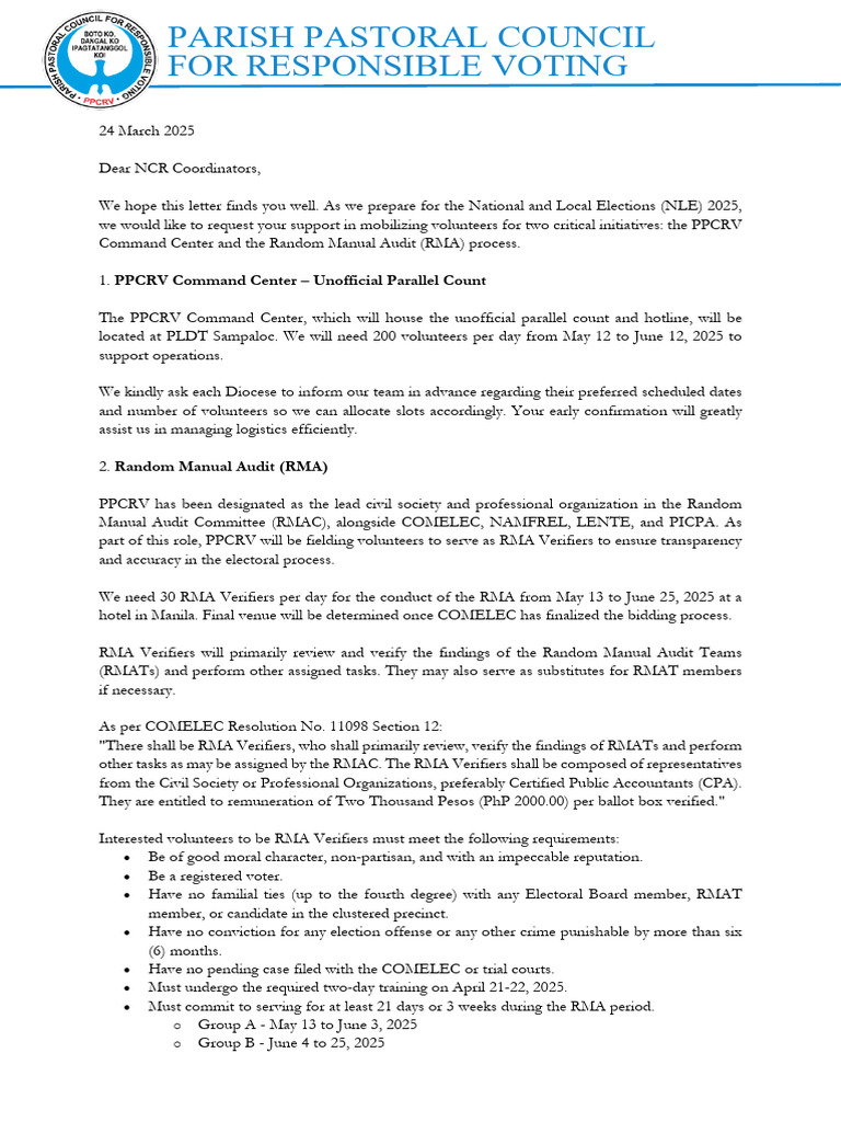 PPCRV Letter To NCR Coordinators Re UPC and RMA | PDF | Elections | Voting