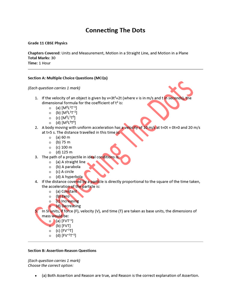 Grade 11-CBSE-UNIT TEST-First 3 Chapters | PDF | Acceleration | Velocity