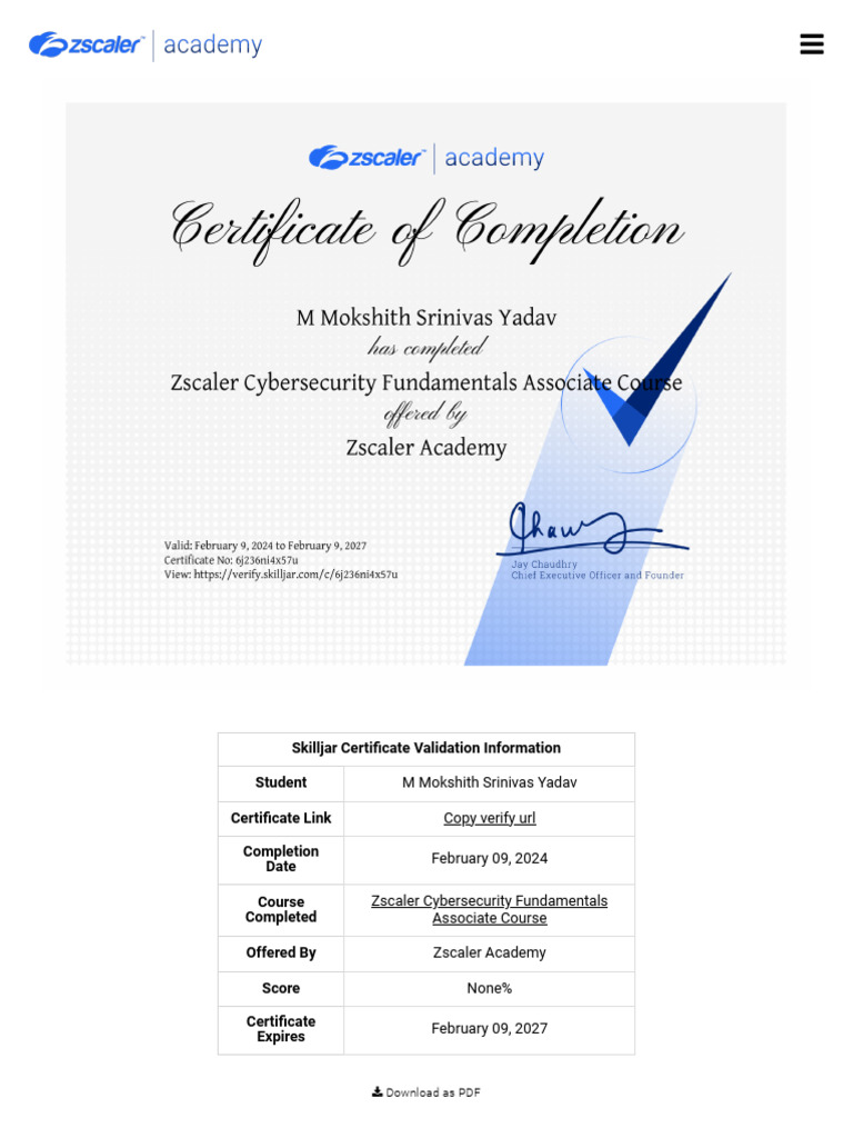 Certificate For Zscaler Cybersecurity Fundamentals Associate Course | PDF