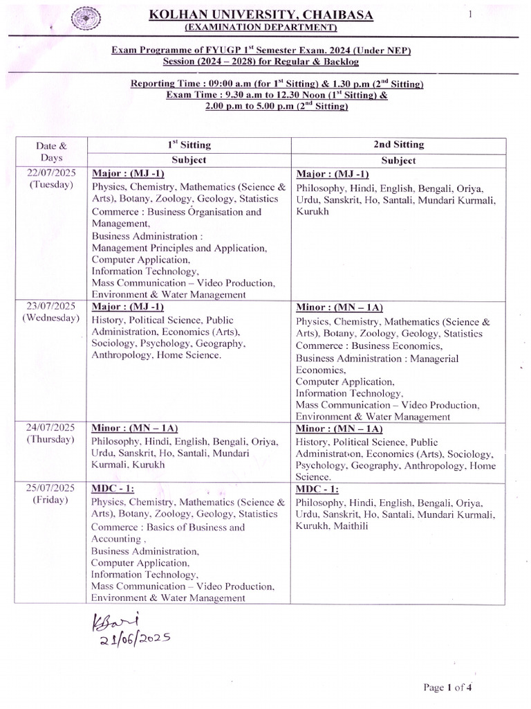 Exam Programme of FYUGP 1st Sem. Exam. 2024 (Under NEP) Session (2024 - 2028) | PDF