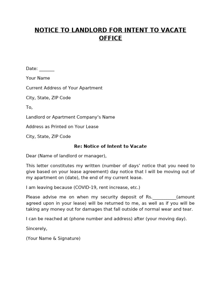 Intent to Vacate Notice Template | PDF