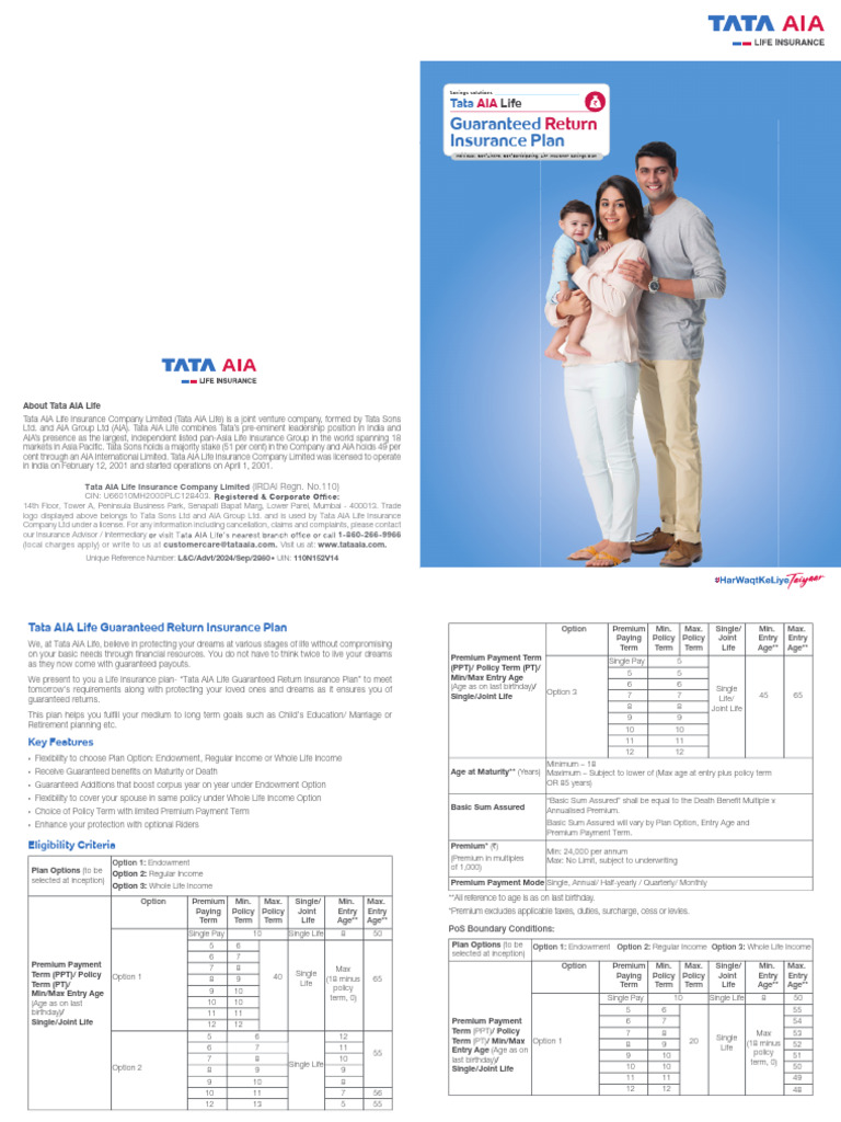 Tata AIA Guaranteed Return Insurance Plan | PDF | Insurance | Financial ...