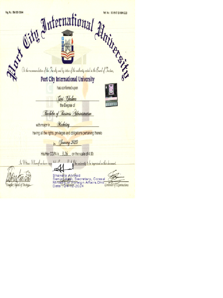 Port City International University Certificate | PDF