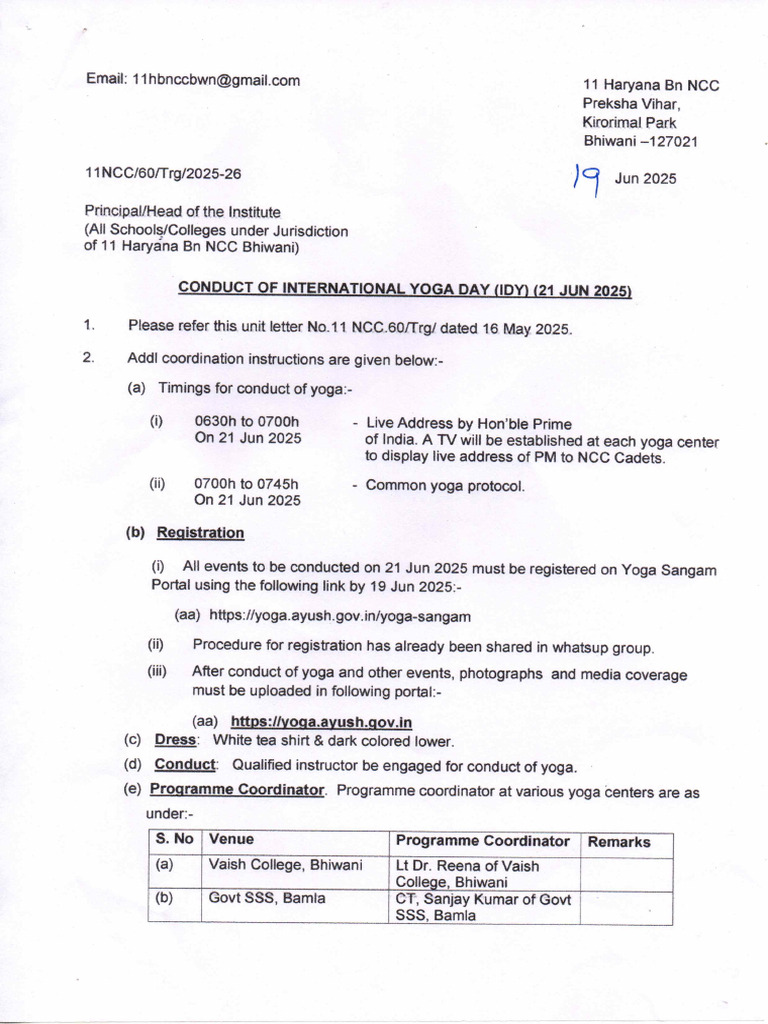Conduct of International Yoga Day (Idy) (21 Jun 2025) | PDF
