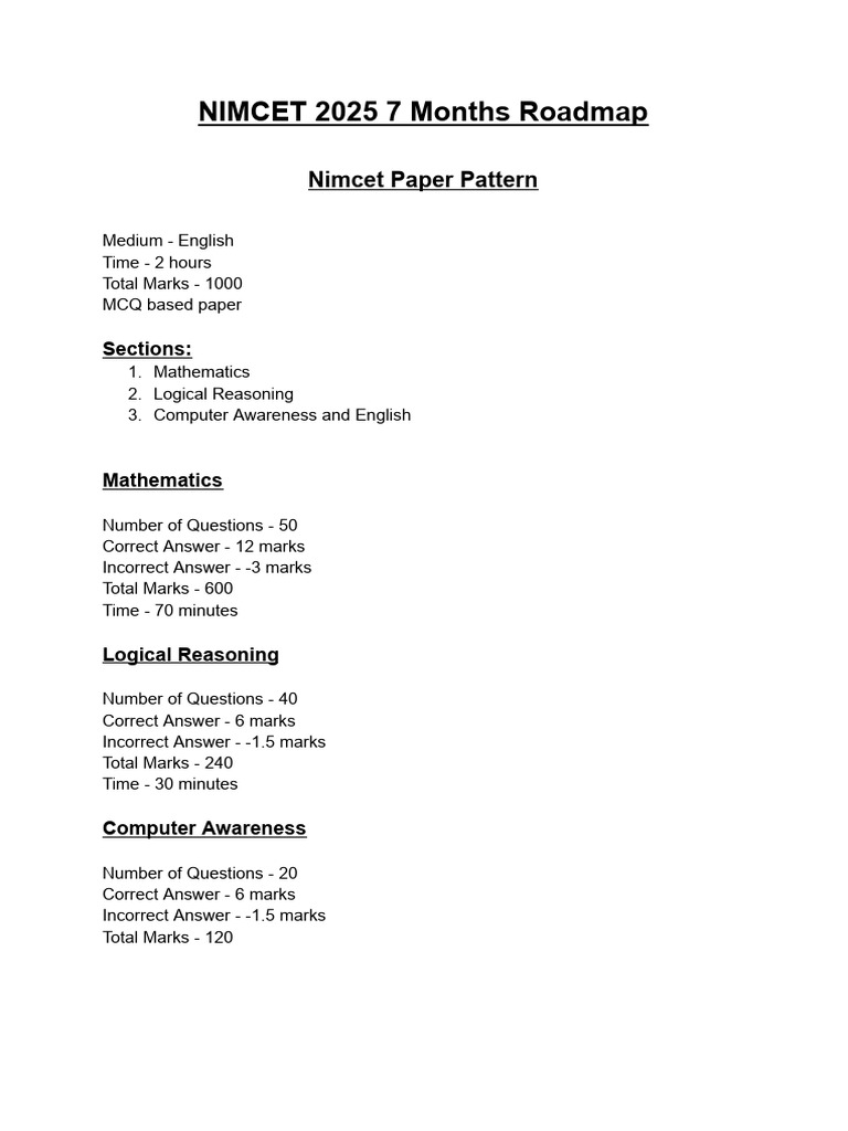 NIMCET 2025 7 Months Roadmap | PDF | Mathematics | Vector Space