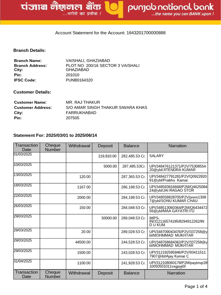 PNB Bank Statement | PDF | Banking Technology