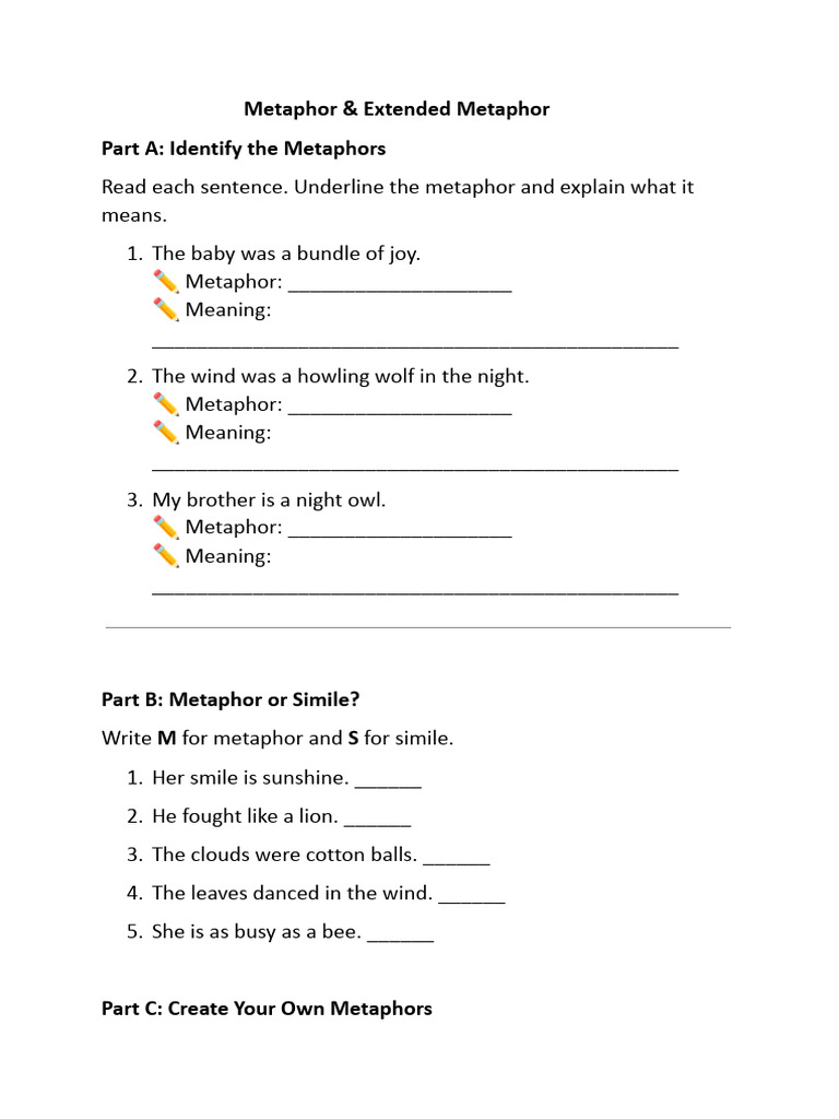 Metaphor & Extended Metaphor Worksheet | PDF