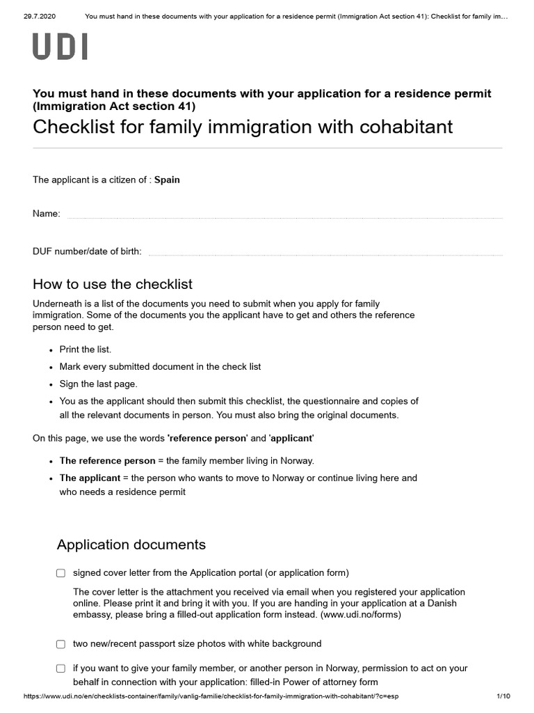NAV Spain Checklist For Family Immigration With Cohabitant - UDI | PDF ...