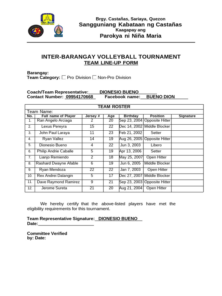 CSTC MVT Volleyball Line Up Form | PDF
