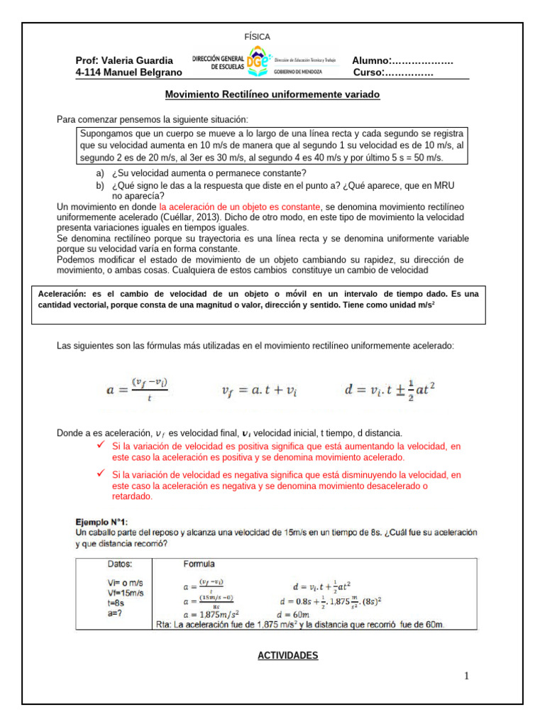 Movimiento Rectilíneo Uniformemente Variado TP 3 24 Septiembre | PDF | Velocidad | Aceleración