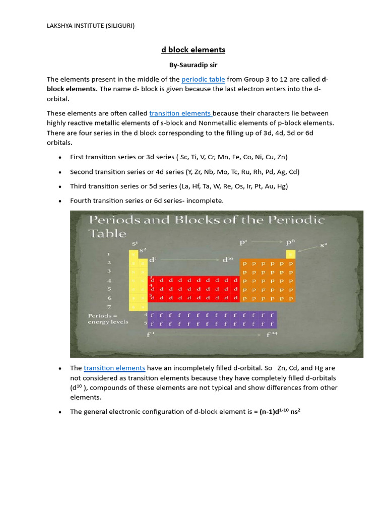 Study Material D BLOCK ELEMENTS | PDF | Transition Metals | Ion
