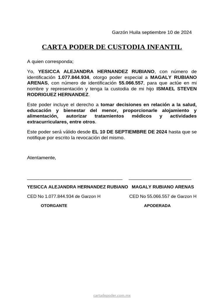 Carta Poder de Custodia Infantil | PDF