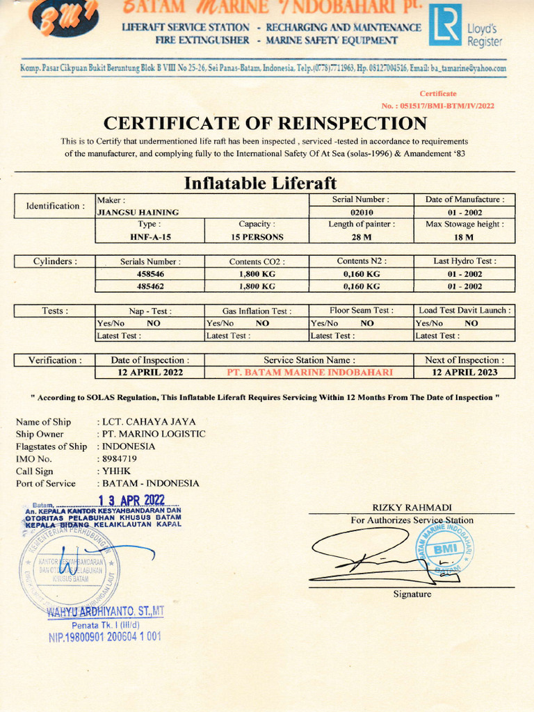 Liferaft Reinspection Certificate 2023 | PDF | Ships | Water Transport