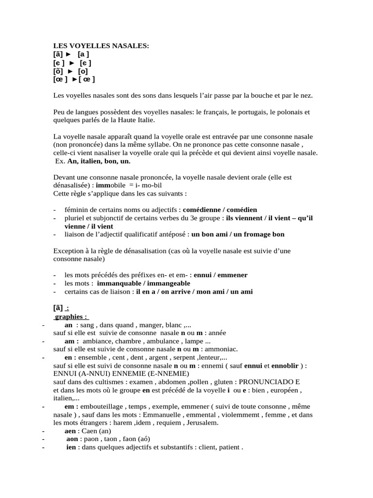Les Voyelles Nasales en Français | PDF | Voyelle | Italien (Langue)