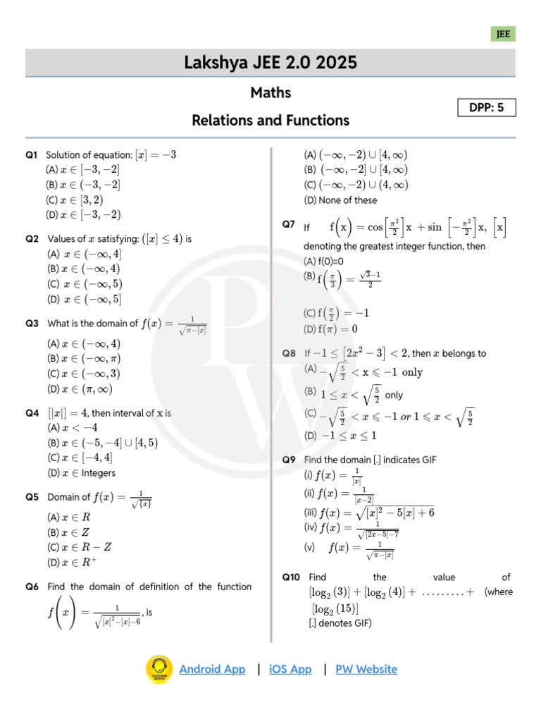 Relations and Functions - DPP 05 (Of Lec 06) - Lakshya JEE 2.0 2025 | PDF | Mathematical ...