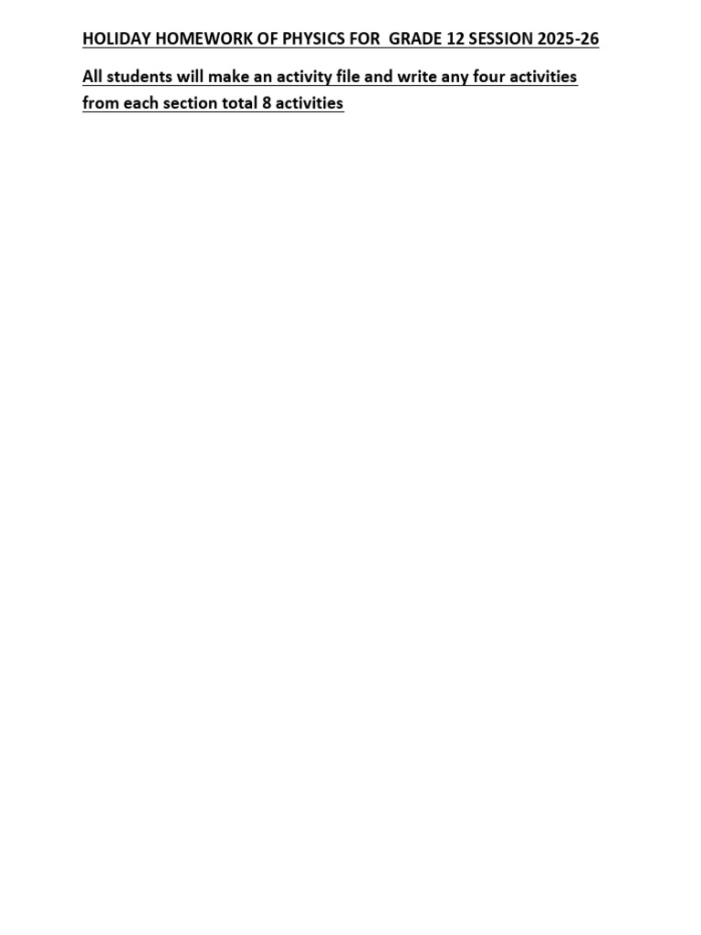 Holiday Homework of Physics For Grade 12 Session 2025-26 | PDF ...