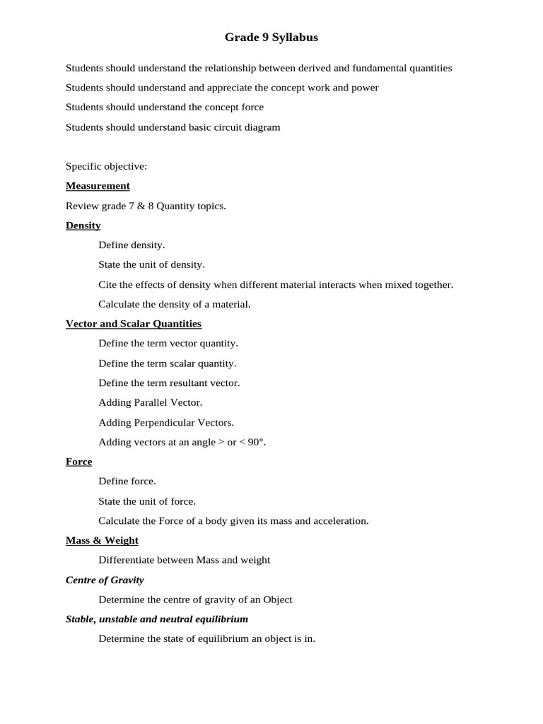 9th Grade Physics Syllabus Overview | PDF