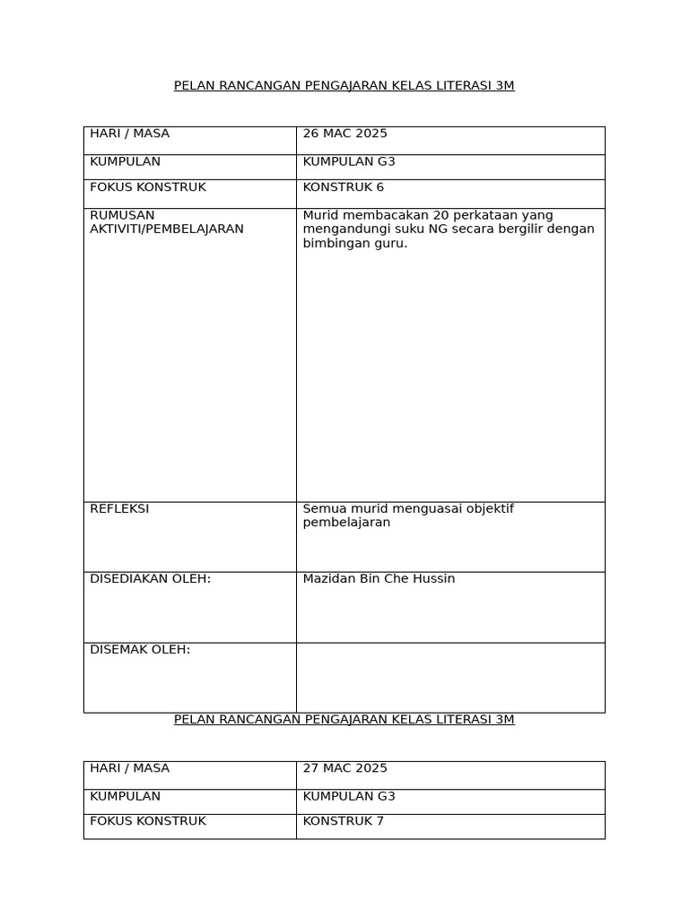Pelan Rancangan Pengajaran Kelas Literasi 3m | PDF