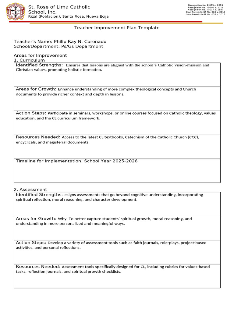 Teacher Improvement Plan Template | PDF | Educational Technology ...