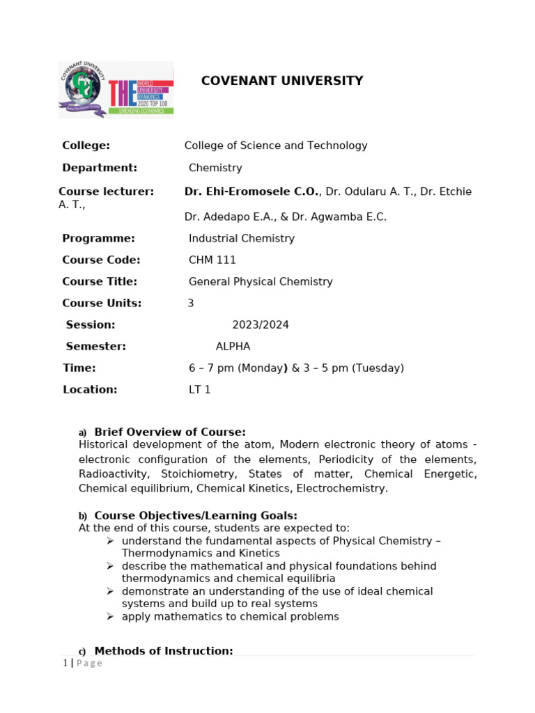 CHM 111: General Physical Chemistry | PDF | Chemistry | Physical Chemistry