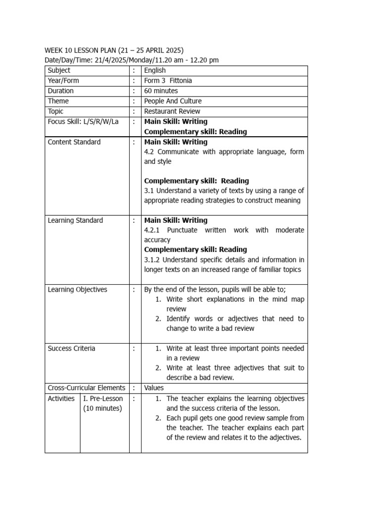 3f Week 10 Lesson Plan (21 - 25 April 2025) | PDF | Lesson Plan ...