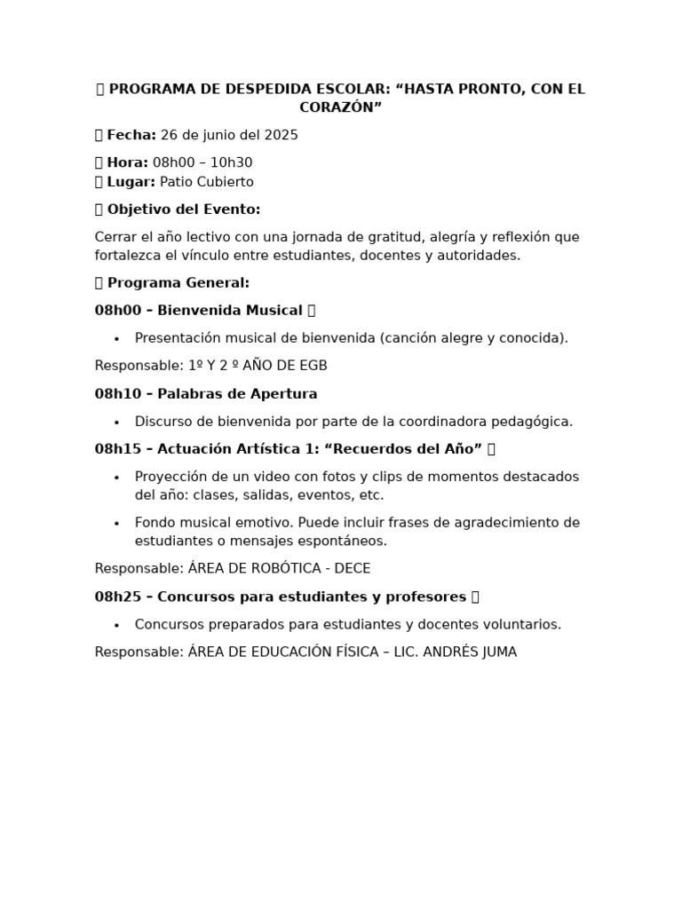 ? Programa de Despedida Escolar | PDF | Aprendizaje