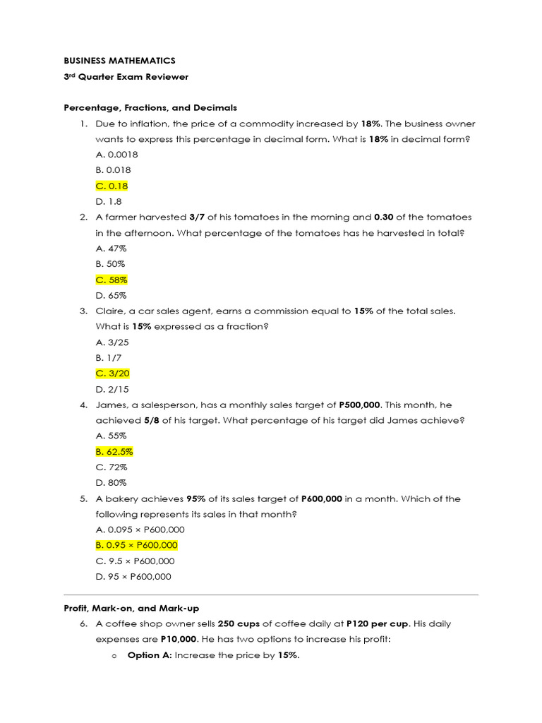 Business Math Exam Reviewer Guide | PDF | Interest | Gross Margin