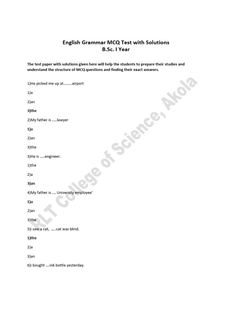 English Grammer MCQ Test BSC I Year | PDF