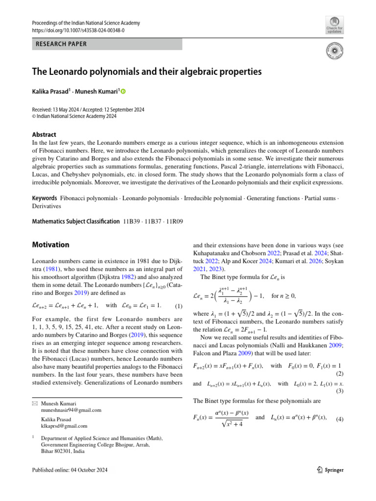 PINSA Leonardo Polynomials Oct 2024 | PDF | Polynomial | Sequence
