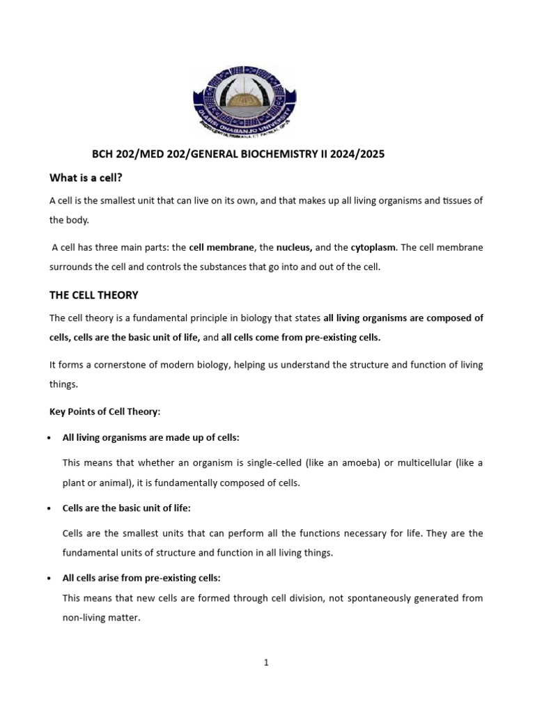 BCH 202 20242025 - Cell Theory. Structures and Functions - DR Adegbesan ...