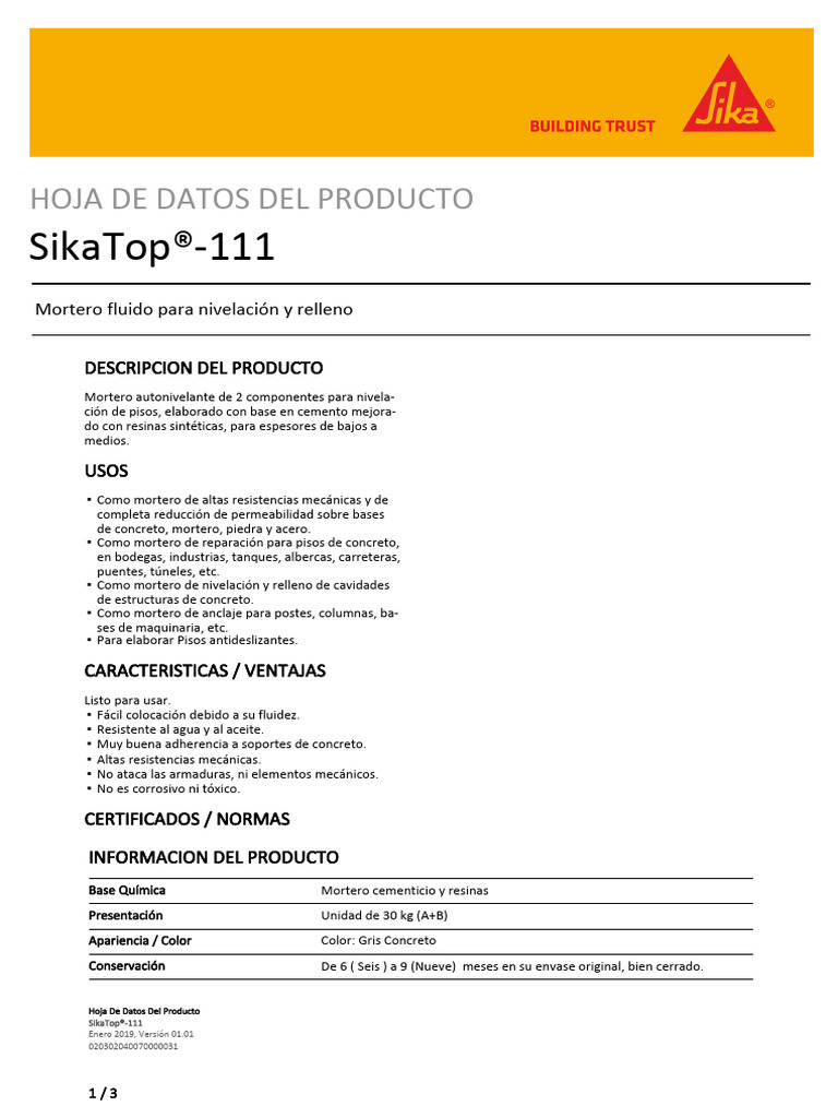Sikatop 111 | PDF | Hormigón | Mortero (Albañilería)