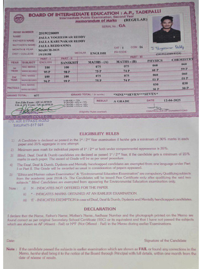 Yogi Class 12 Marksheet | PDF