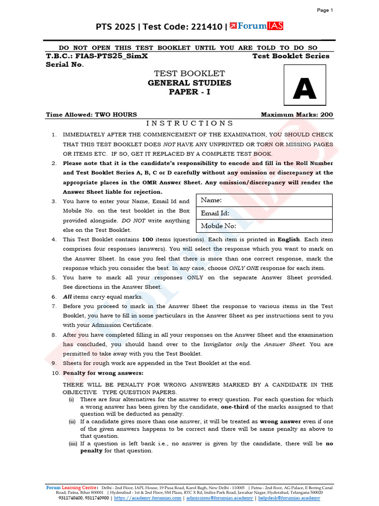 PTS 2025 General Studies Test Booklet | PDF | Government