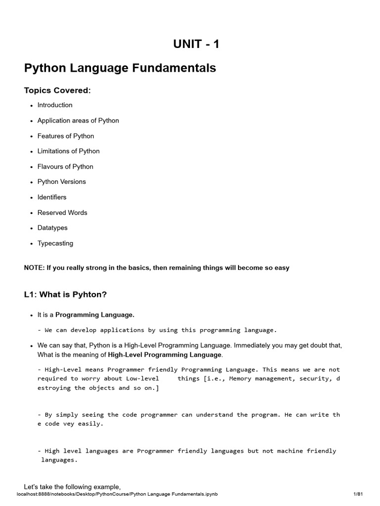 Python Language Fundamentals: Unit - 1 | PDF | Python (Programming ...