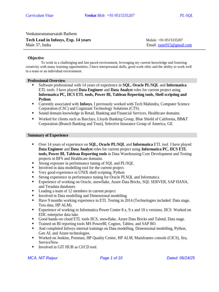 Resume Oracle PLSQL ETL BI ProductionSupp 14yrs Infosys MCA From NIT VenkatB CV v1 0 | PDF ...