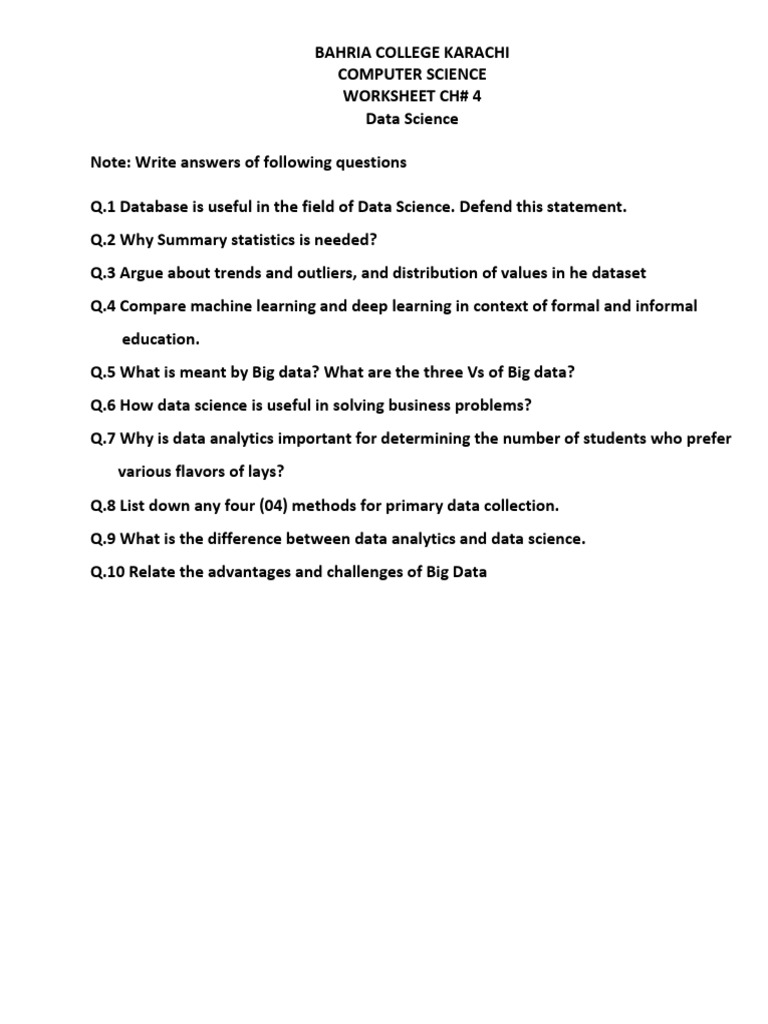 Worksheet Ch4 (Data Science) | PDF