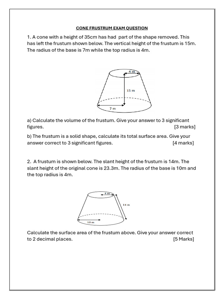 Cone Frustum Exam Questions | PDF
