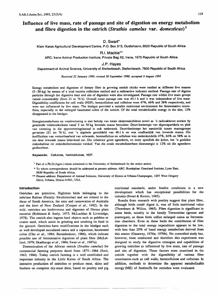 Influence of Live Mass, Rate of Passage and Site of Digestion On Energy ...