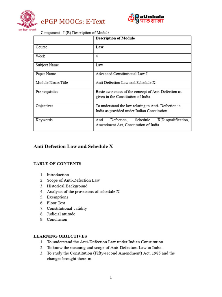 MOOCs Anti Defection E Text | PDF | Ratification | Politics Of India