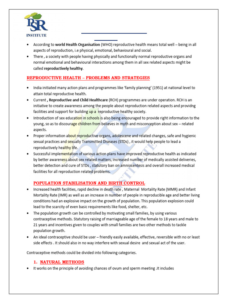 Reproductive Health Notes Class 12 | PDF | Sexually Transmitted ...