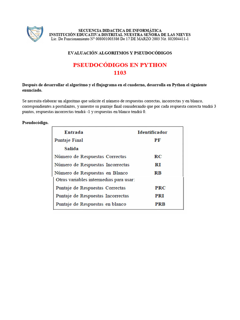 Evaluacion Algoritmos y Pseudocodigos en Python 1103 | PDF