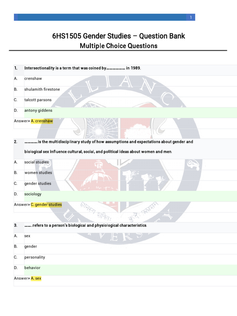 Gender Studies Question Bank MCQs | PDF | Gender | Gender Studies